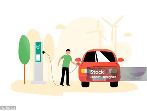 녹색 에너지 생태학 전기 자동차 개념 평면 디자인 벡터 일러스트 레이션 전기 자동차 대체 연료 차량에 대한 스톡 벡터 아트 및