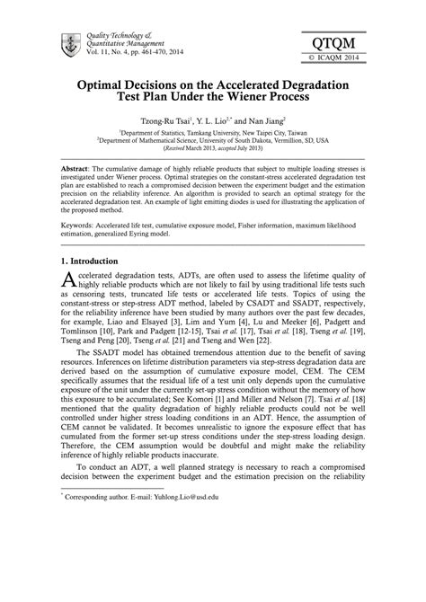 Pdf Optimal Decisions On The Accelerated Degradation Test Plan Under The Wiener Process