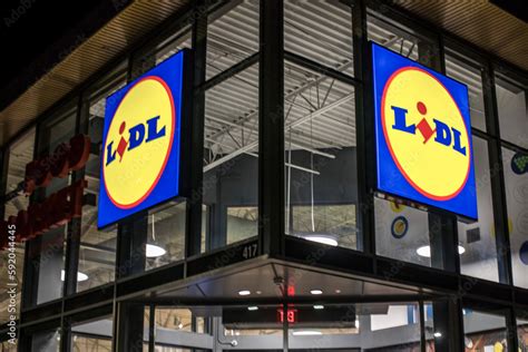 LIDL Grocery Supermarket At Night Two Lighted Logo Signs At The Entrance Stock Photo Adobe Stock