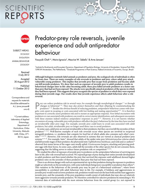 Pdf Predator Prey Role Reversals Juvenile Experience And Adult