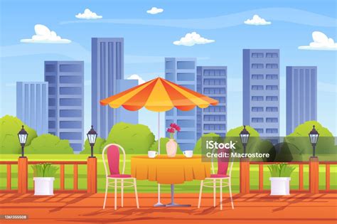 플랫 만화 디자인의 여름 야외 카페 컨셉 테이블과 의자에 컵이 있는 테라스 우산 등불이 있는 나무 울타리 녹색 식물 고층 빌딩이