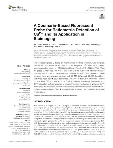 Pdf A Coumarin Based Fluorescent Probe For Ratiometric Detection Of Cu2 And Its Application