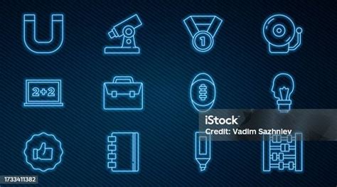세트 라인 주판 아이디어 개념이 있는 전구 메달 서류 가방 칠판 자석 미식축구 공 현미경 아이콘 벡터 3위에 대한 스톡 벡터 아트 및 기타 이미지 Istock