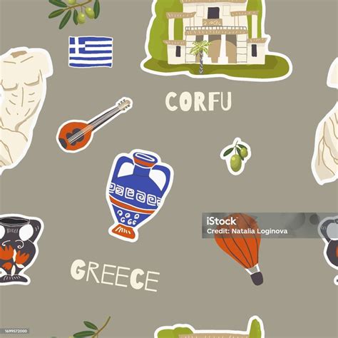 벡터 그림은 손으로 그린 랜드마크 명소 명소 및 그리스의 상징을 낙서 스타일로 매끄럽게 패턴합니다 관광 여행 코르푸에 대한 스톡 벡터 아트 및 기타 이미지 Istock