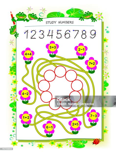 덧셈과 뺄셈에 대한 연습이 있는 어린이용 수학 교과서 교육 페이지입니다 예제를 풀고 원을 그리며 숫자를 써야 합니다 어린이 교과서를 위한 인쇄 가능한 워크시트 학교로 돌아