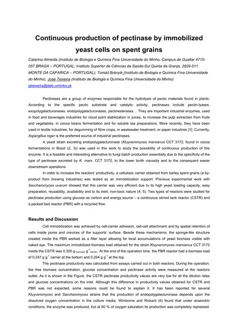 Pdf Continuous Production Of Pectinase By Immobilized Yeast Cells On