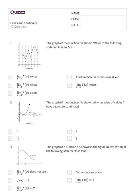 50 limits and continuity worksheets for 12th class on quizizz free