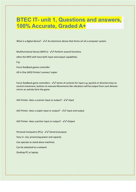 BTEC IT Unit Questions And Answers Accurate Graded A BTEC IT Stuvia US