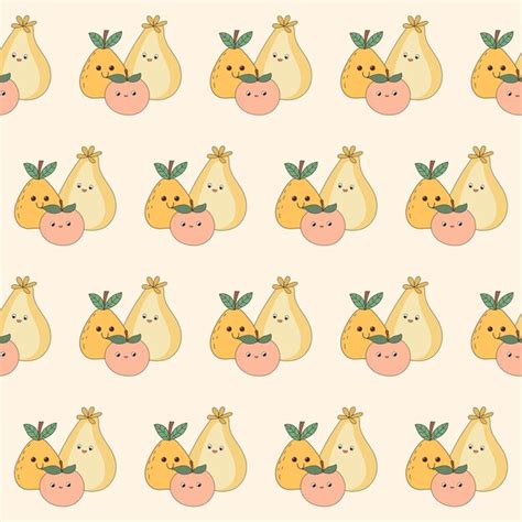 없는 귀여운 카와이 과일 캐릭터 섬유 직물 패턴 배경 두들 과일 기호 포장 프리미엄 벡터