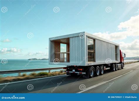 Prefab House On Flatbed Truck Modern Module On Coastal Highway Generative Ai Stock