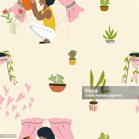 원활한 패턴 포장지 꽃 관리 화훼 재배 소녀 집에서 꽃을 급수하는 아프리카계 미국인 여성 만화 캐릭터의 벡터 삽화를 주제로 한 디지털 종이 가정 생활에 대한 스톡 벡터 아트
