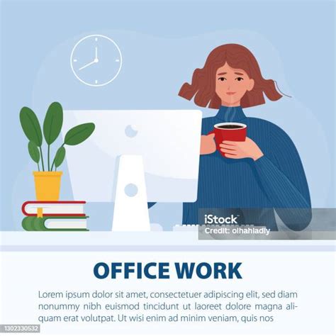 컴퓨터에서 일하고 커피를 마시는 여성 사무실 작업 플랫 스타일 귀여운 벡터 일러스트레이션 개념에 대한 스톡 벡터 아트 및 기타 이미지 Istock