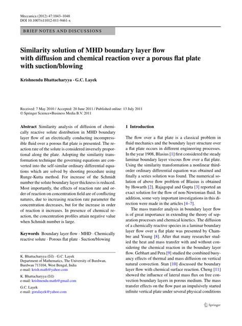 Pdf Similarity Solution Of Mhd Boundary Layer Flow With Diffusion And Chemical Reaction Over A