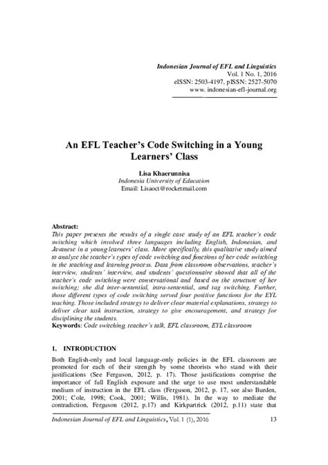 Pdf An Efl Teachers Code Switching In A Young Learners Class