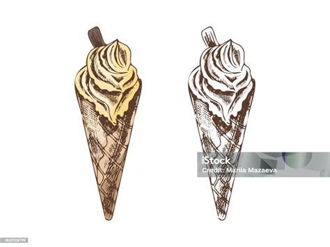 손으로 그린 컬러 및 흑백 스케치 와플 콘 세트와 냉동 요구르트 또는 쿠키를 곁들인 아이스크림 빈티지 일러스트입니다 라벨 포장 및 엽서의 요소 아이스크림 콤비 아이콘에 대한