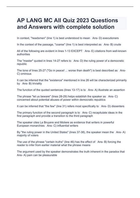 AP LANG MC All Quiz 2023 Questions And Answers With Complete Solution AP LANG Stuvia US