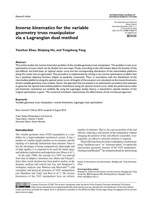 Pdf Inverse Kinematics For The Variable Geometry Truss Manipulator