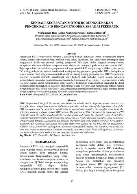 Pdf Kendali Kecepatan Motor Dc Menggunakan Pengendali Pid Dengan Encoder Sebagai Feedback