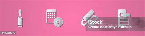 종이 컷 전동 칫솔 공기 가습기 연장 코드 및 디지털 도어록 아이콘을 설정합니다 종이 아트 스타일 벡터 0명에 대한 스톡 벡터 아트 및 기타 이미지 Istock