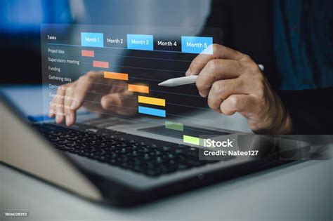프로젝트 관리자는 작업 및 마일스톤 진행 계획으로 작업을 업데이트합니다 랩톱 컴퓨터 계획 일정 가상 다이어그램 비즈니스 프로젝트 관리 개념을 사용하는 사업가 개념에 대한