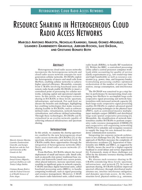 Pdf Resource Sharing In Heterogeneous Cloud Radio Access Networks