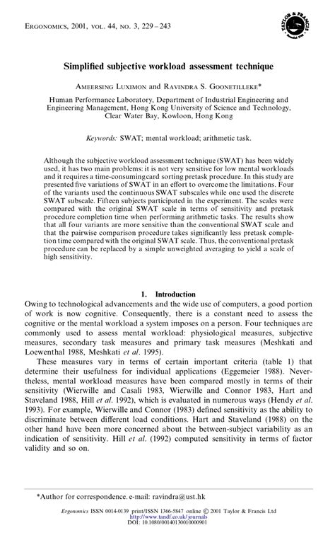 Pdf Simplified Subjective Workload Assessment Technique