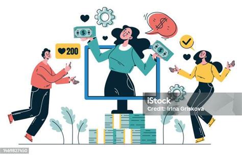 소셜 미디어는 팔로워와 피드백으로 개인 온라인 방송을 광고하는 콘텐츠에 영향을 미칩니다 그래픽 디자인 벡터 일러스트 레이 션 인플루언서에 대한 스톡 벡터 아트 및 기타