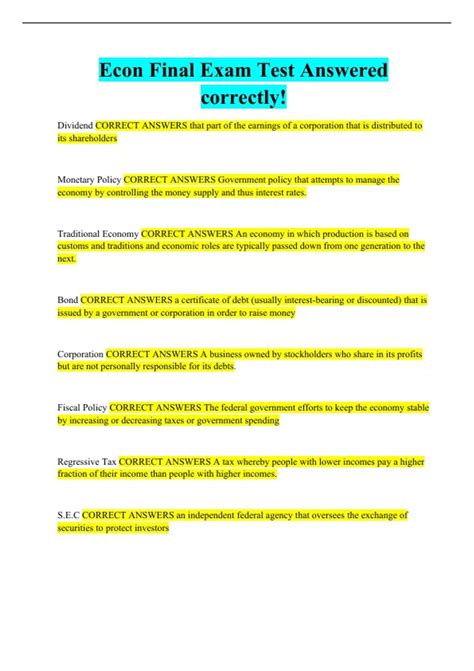 Econ Final Exam Test Answered Correctly Economics Stuvia US