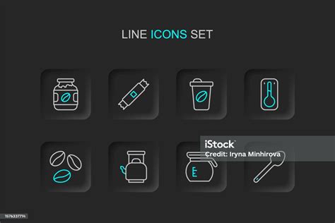 세트 라인 티스푼 커피 포트 손잡이가 있는 주전자 콩 온도계 갈 컵 설탕 스틱 패킷 및 항아리 병 아이콘 벡터 가방에 대한 스톡 벡터 아트 및 기타 이미지 Istock
