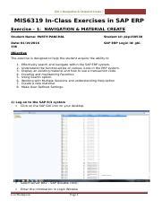SAP Exercise 1 Navigation And Material Create EX 1 Navigation Material Create MIS6319 In