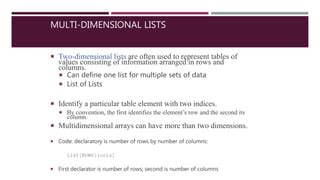 Multi Dimensional Lists PPTX Programming Languages Computing