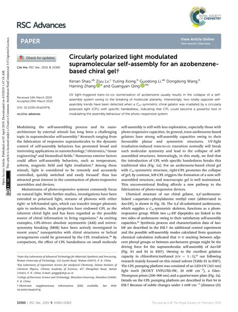 Pdf Circularly Polarized Light Modulated Supramolecular Self Assembly For An Azobenzene Based
