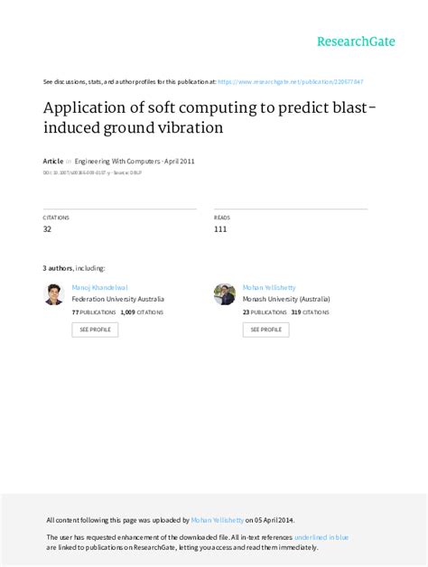 Pdf Application Of Soft Computing To Predict Blast Induced Ground Vibration