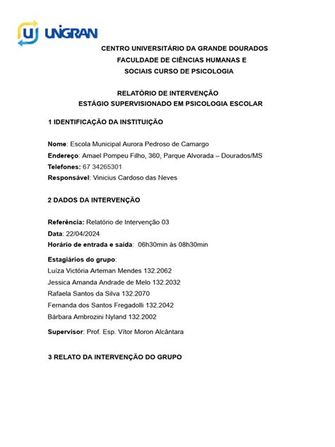 Relatório De Intervenção Escolar 03 22 04 2024 Pdf