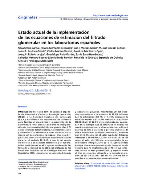 Pdf Current Use Of Equations For Estimating Glomerular Filtration Rate In Spanish Laboratories