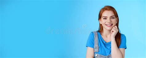 Close Up Satisfied Tender Grinning Cute Redhead Girl Look Cute Lovely Camera Touch Cheek