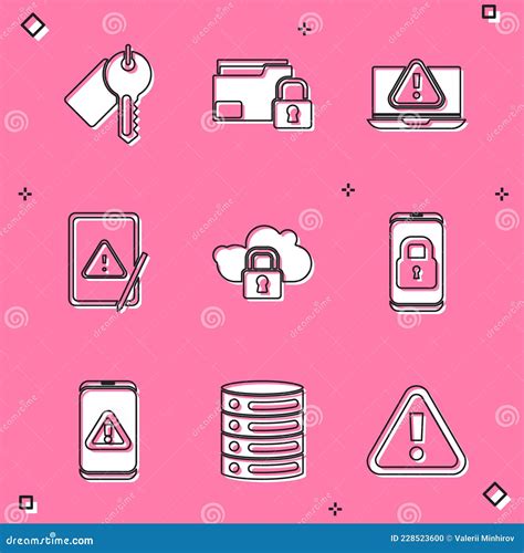 Set Marked Key Folder And Lock Laptop With Exclamation Mark Tablet Cloud Computing Mobile