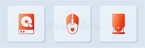 Set Computer Mouse Hard Disk Drive Hdd And Optical Disc White Square Button Stock Vector