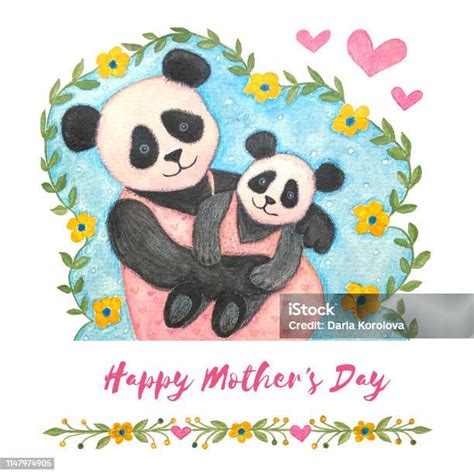 행복 한 어머니의 날입니다 팬더의 귀여운 수채화 그림입니다 0명에 대한 스톡 벡터 아트 및 기타 이미지 0명 곰 공휴일 Istock