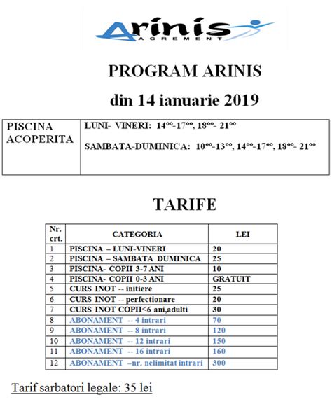 Program Actualizat Si Tarife La Piscina Arinis