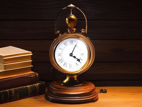 Premium Photo Old Fashioned Clock On Wooden Table Illuminated By Lamp