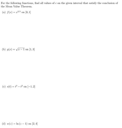 solved for the following functions find all values of c on