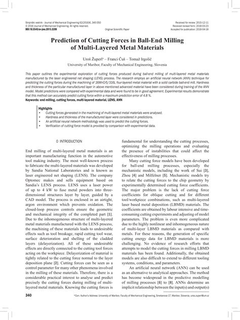Pdf Prediction Of Cutting Forces In Ball End Milling Of Multi Layered Metal Materials
