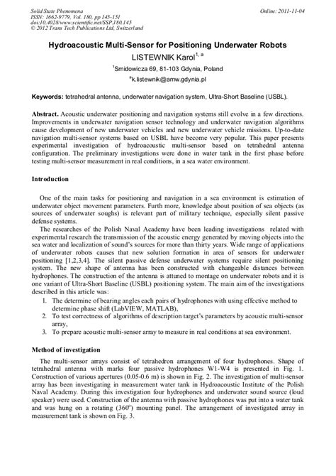 Hydroacoustic Multi Sensor For Positioning Underwater Robots Scientificnet
