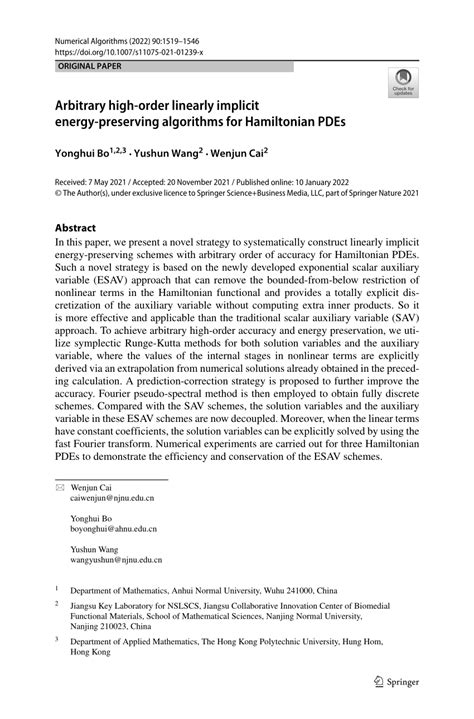 PDF Arbitrary High Order Linearly Implicit Energy Preserving Algorithms For Hamiltonian PDEs