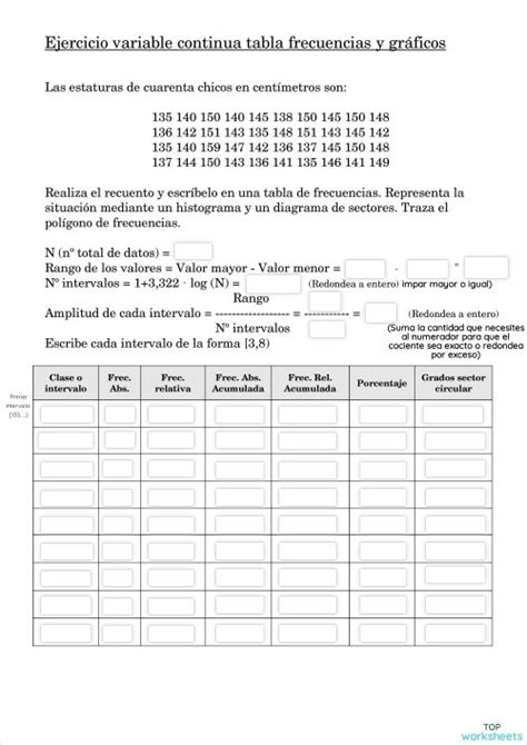 Ejercicio Variable Continua Con Tabla De Frecuencias Y Gráficos Ficha Interactiva Topworksheets