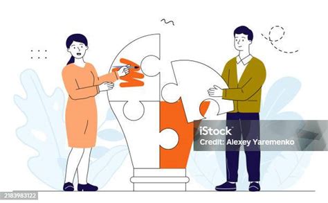 아이디어와 팀워크 남자와 여자 근처 퍼즐 전구 벽 풍경 창의성과 브레인스토밍 비즈니스 협업 및 협력 선형 벡터 그림 계획에 대한