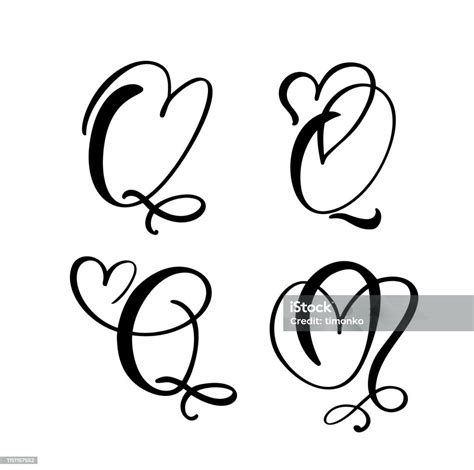 빈티지 꽃 편지 모노 그램 Q 서 예 요소 발렌타인 번 창 벡터 세트 손 페이지 장식과 디자인 그림에 대 한 하트 기호를 그린