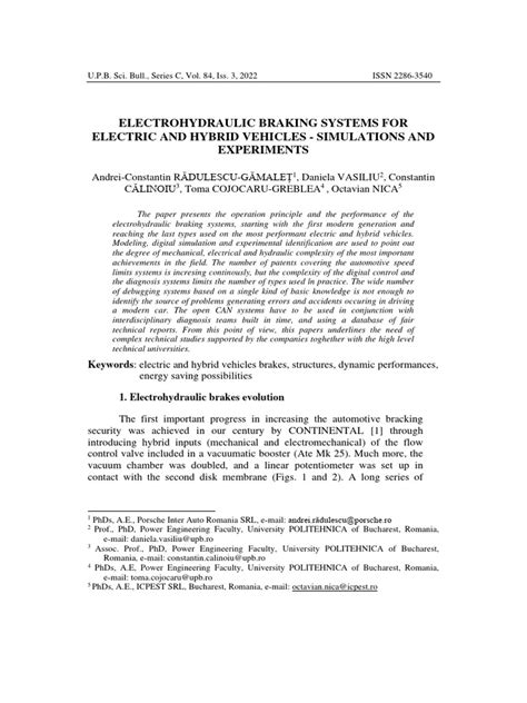 Electrohydraulic Braking Systems For Electric And Hybrid Vehicles Simulations And Experiments