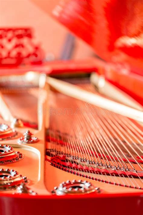 Strings Close Up Vintage Red Classical Grand Piano Musical Instrument Abstract Stock Image